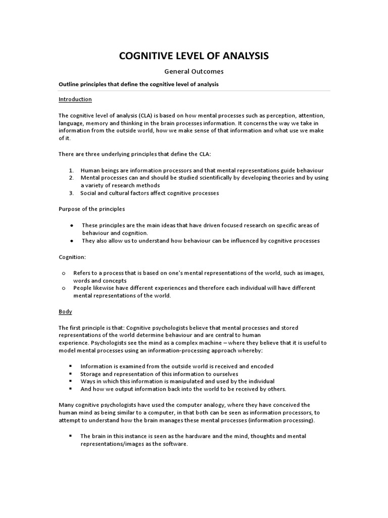 Cognitive Level of Analysis | PDF | Cognitive Psychology | Schema ...