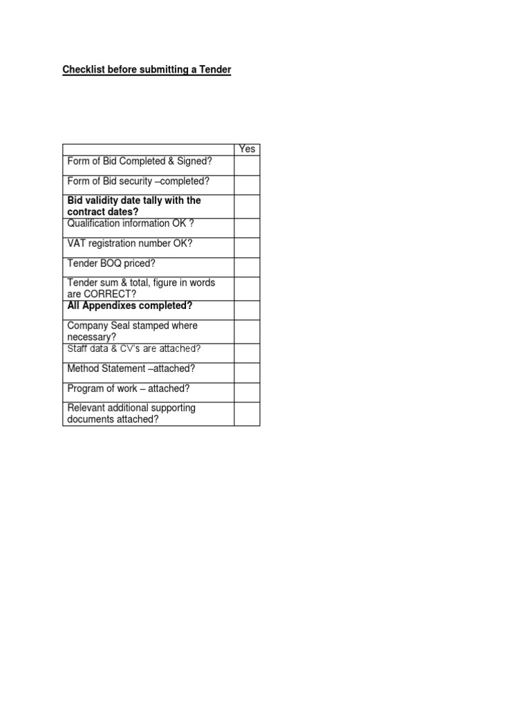 Tender Submission Checklist | PDF