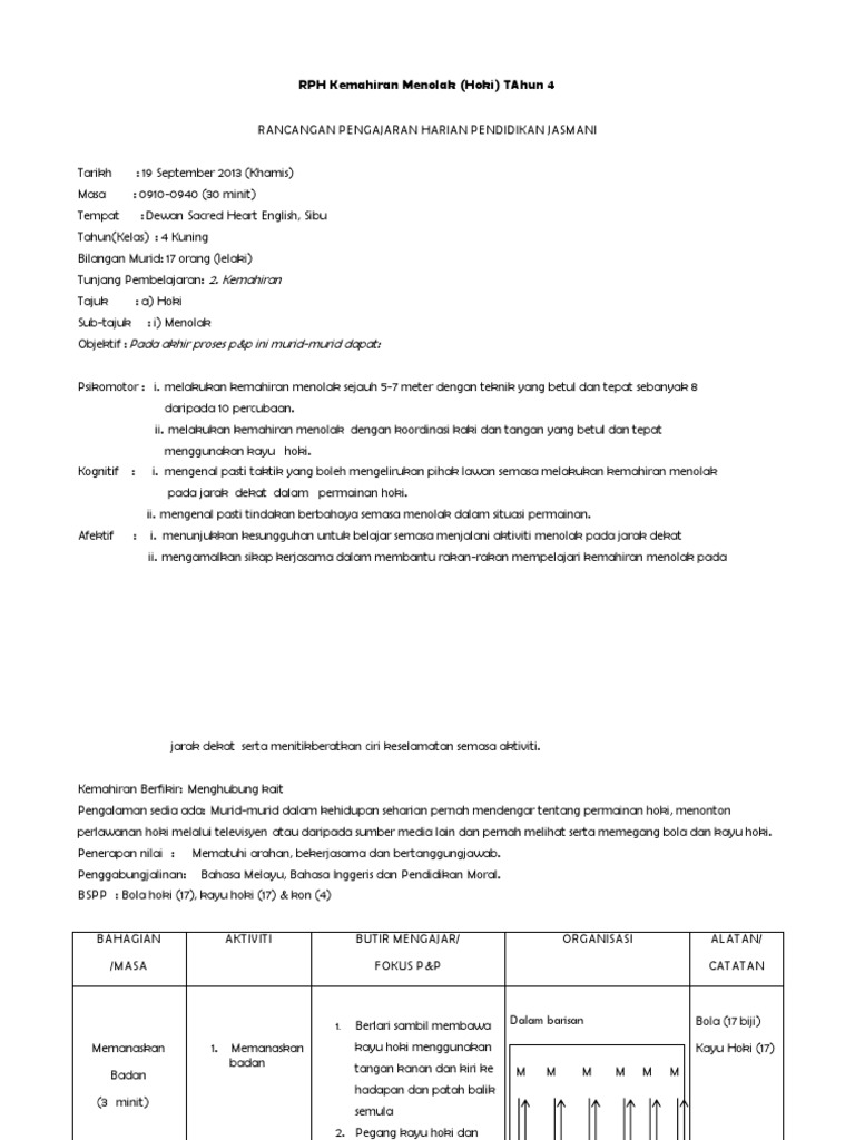 RPH Hoki: Kemahiran Menolak Tahun 4 | PDF