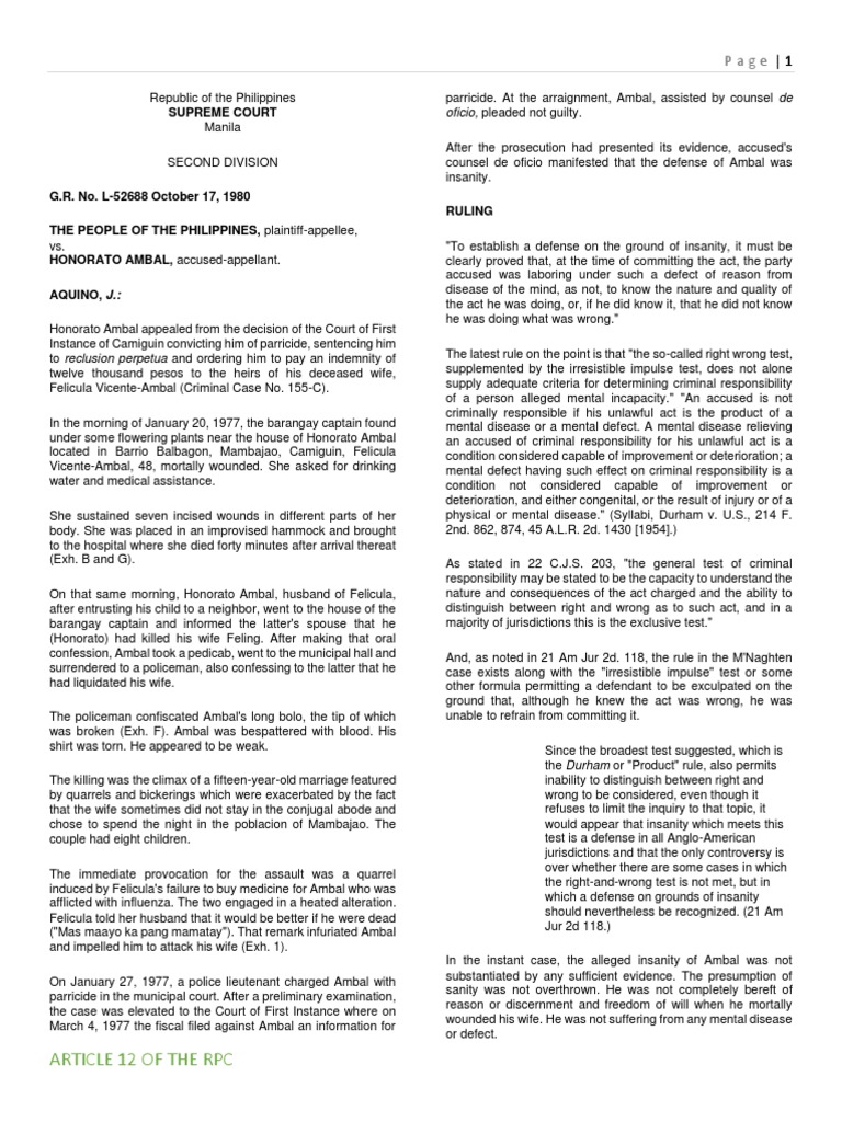 Article 12 of The RPC: Supreme Court | PDF | Insanity Defense | Burden ...