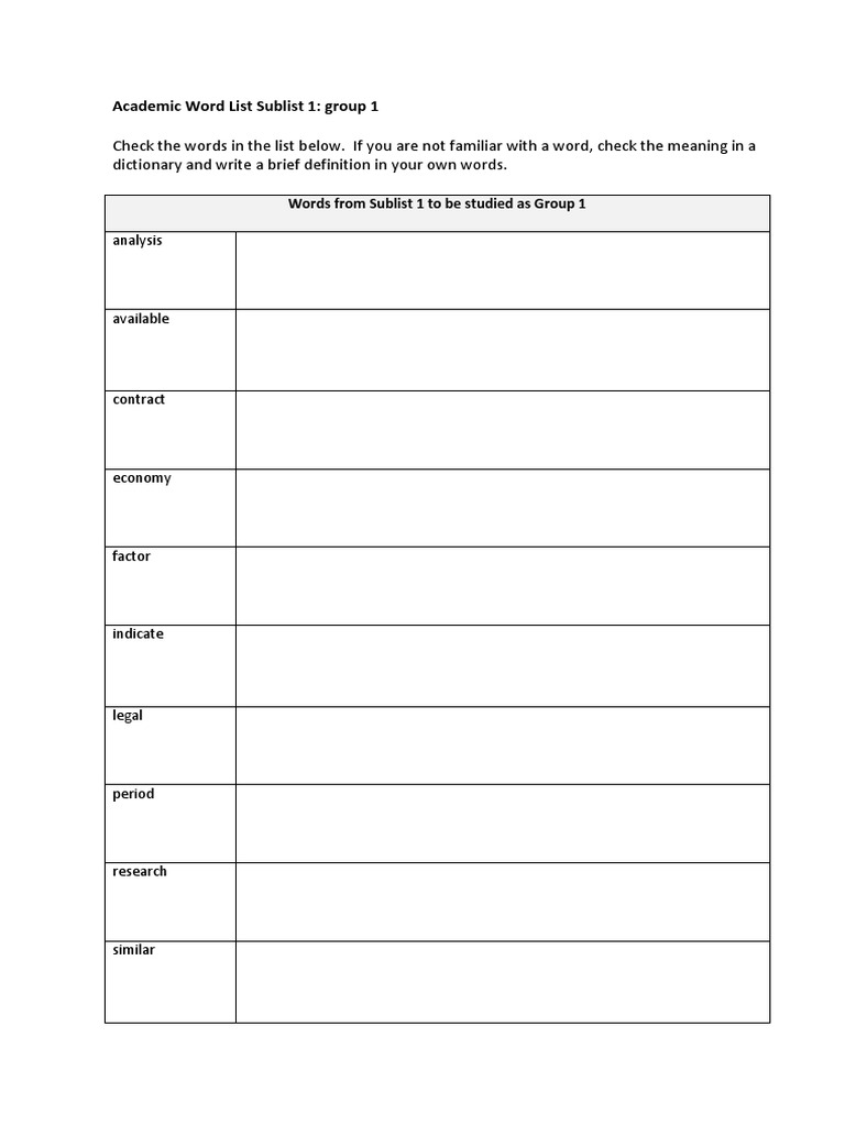 1 DR Ida AWL Sub-List 1 (Activity Sheets) | PDF | Adverb | Word