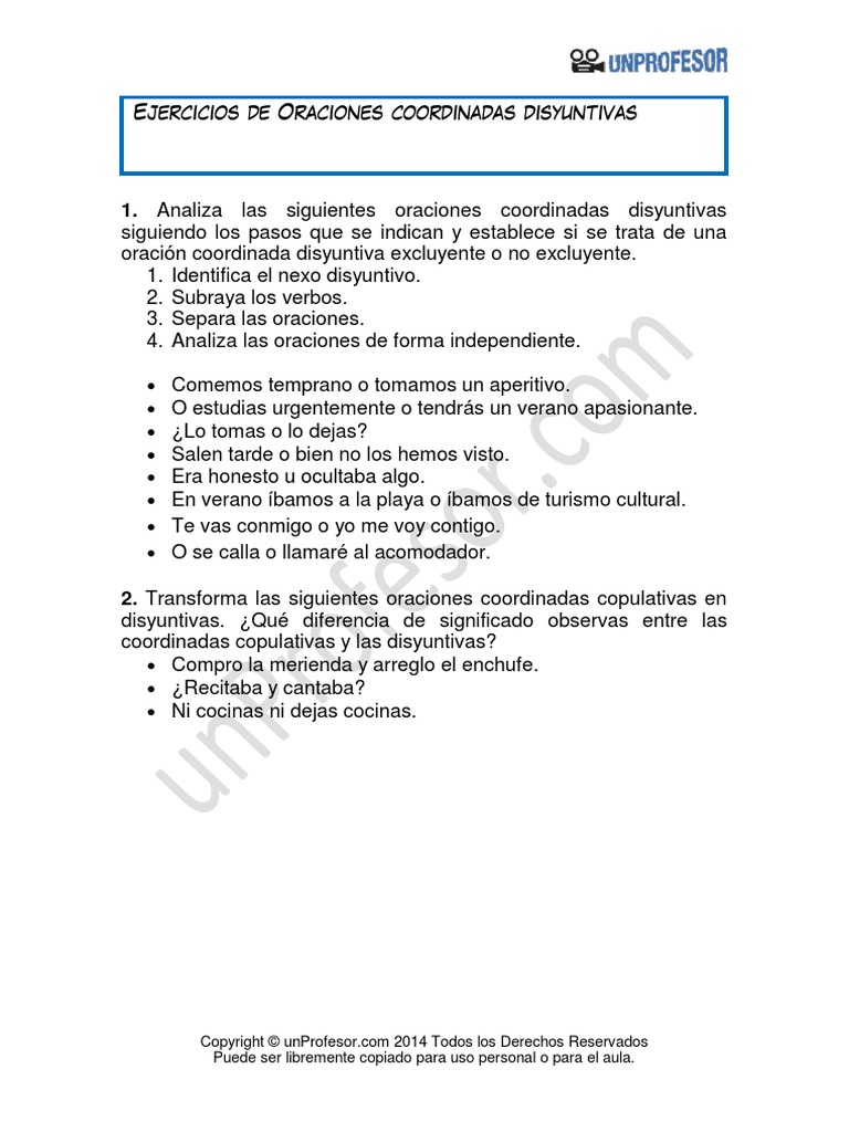 Ejercicio Oraciones Coordinadas Disyuntivas | PDF