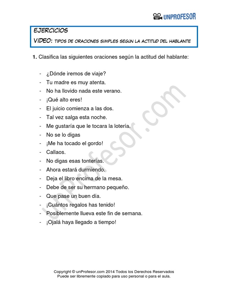 Ejercicio Tipos de Oraciones Simples Segun La Actitud Del Hablante