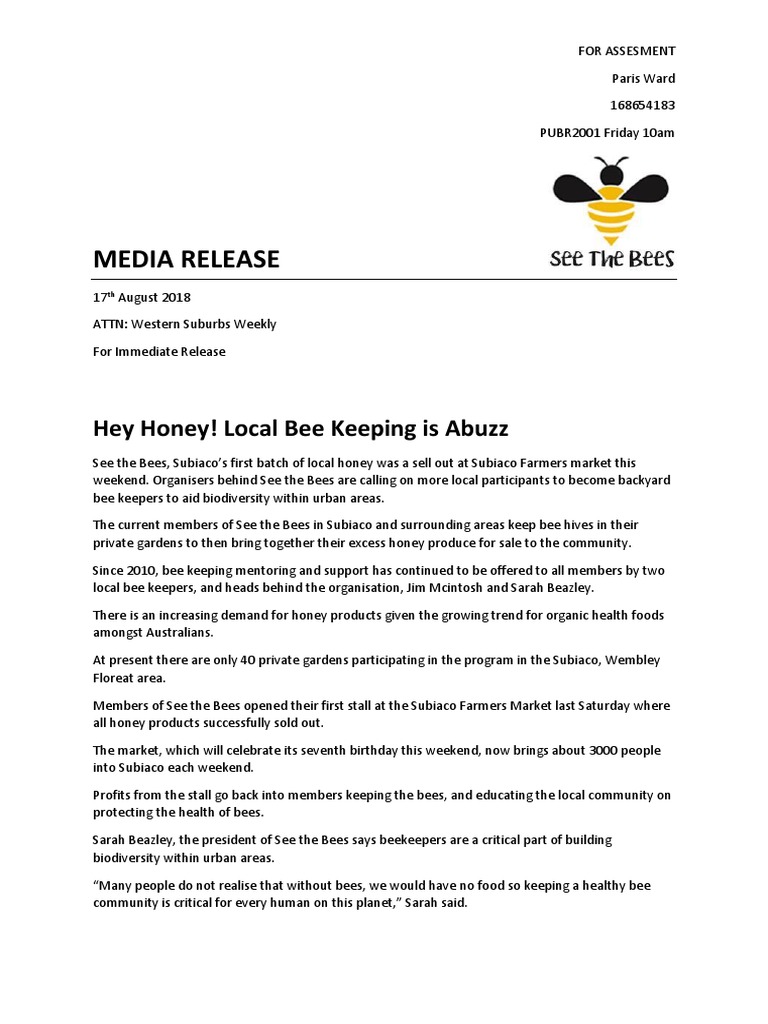Paris Ward 16854183 Test Media Release | PDF | Beekeeping | Bees