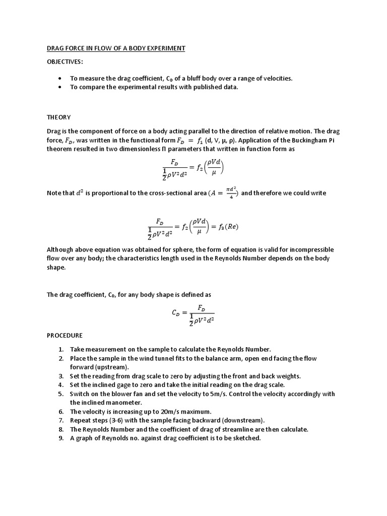 Drag Force in Flow of A Body Experiment | PDF | Reynolds Number | Drag ...