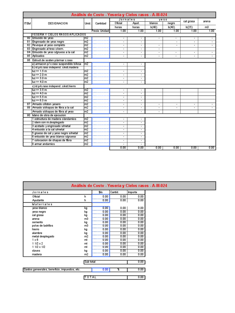 ANÁLISIS DE COSTO - Yesería y Cielo Raso | PDF | Artesanías ...