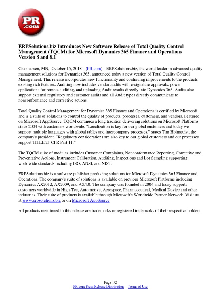 ERPSolutions - Biz Introduces New Software Release of Total Quality ...