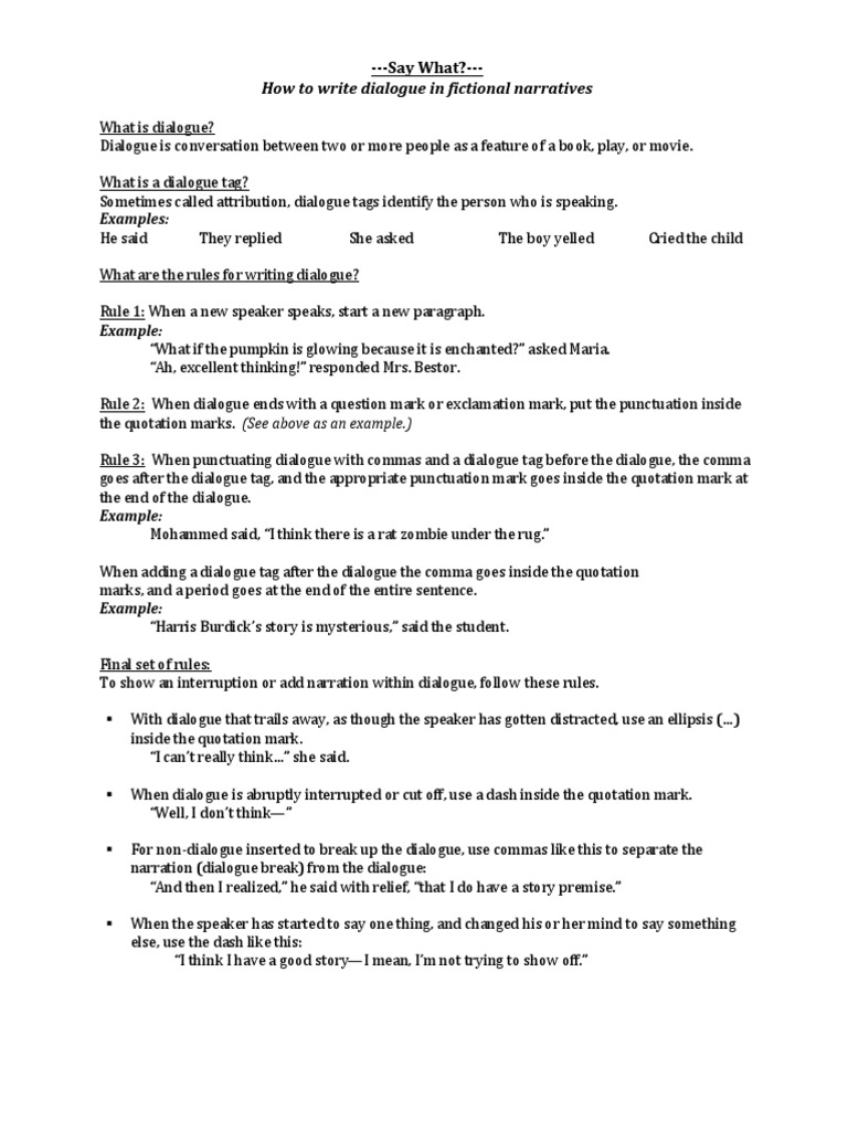 Dialogue Writing Rules and Examples | PDF | Punctuation | Quotation Mark