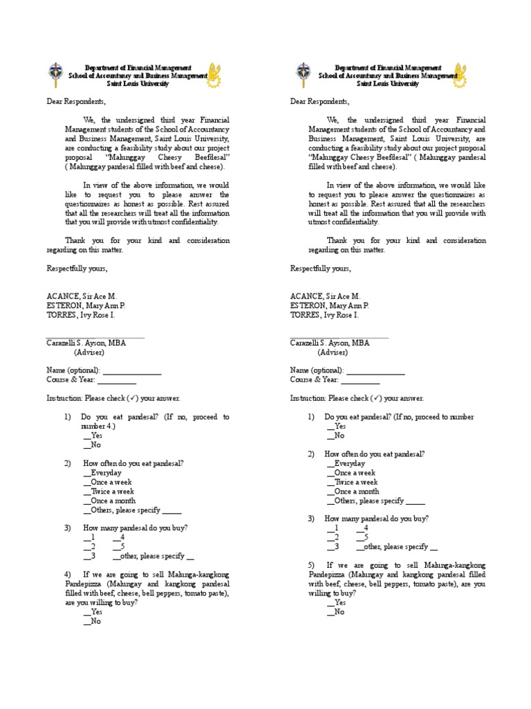 Feasibility Study Questionnaire Sample | PDF | Business