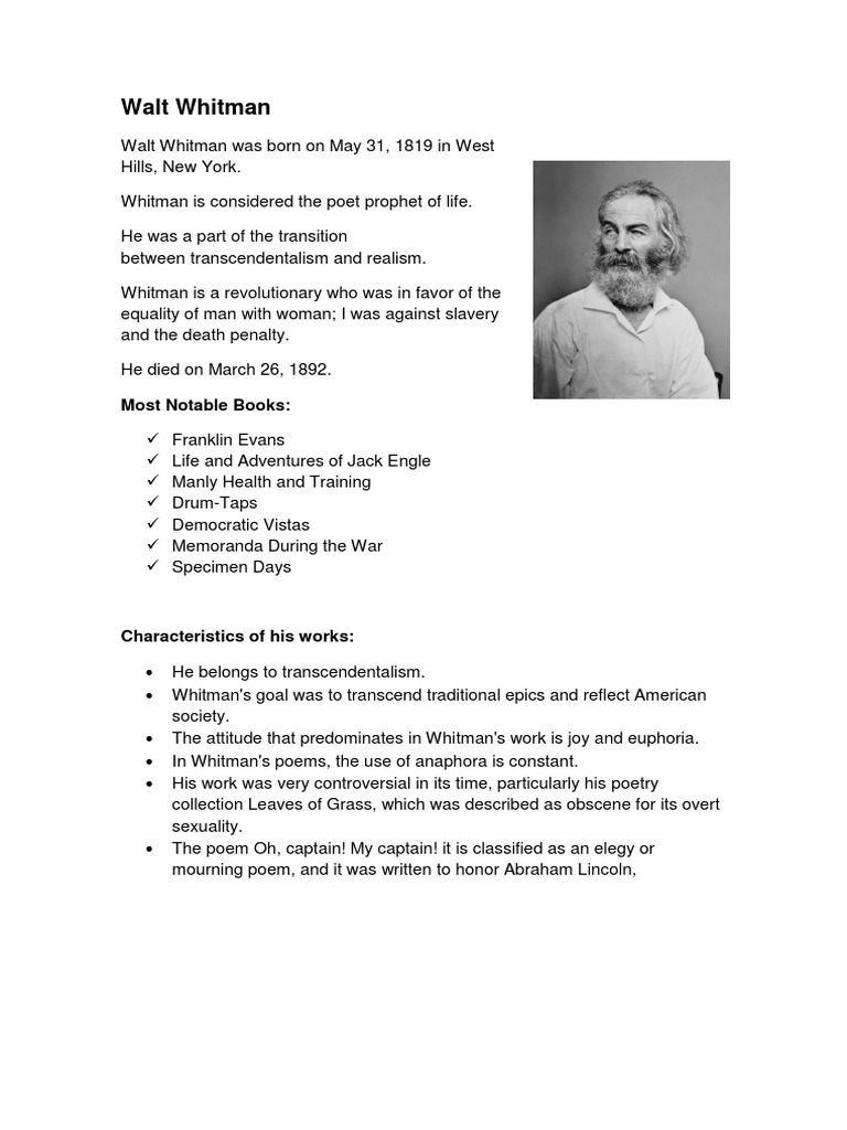Walt Whitman: Poet of Transcendentalism | PDF
