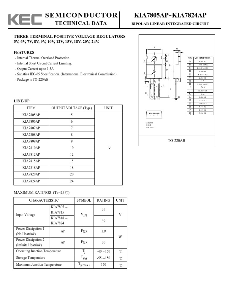 Semiconductor KIA7805AP KIA7824AP: Technical Data | PDF | Quantity ...