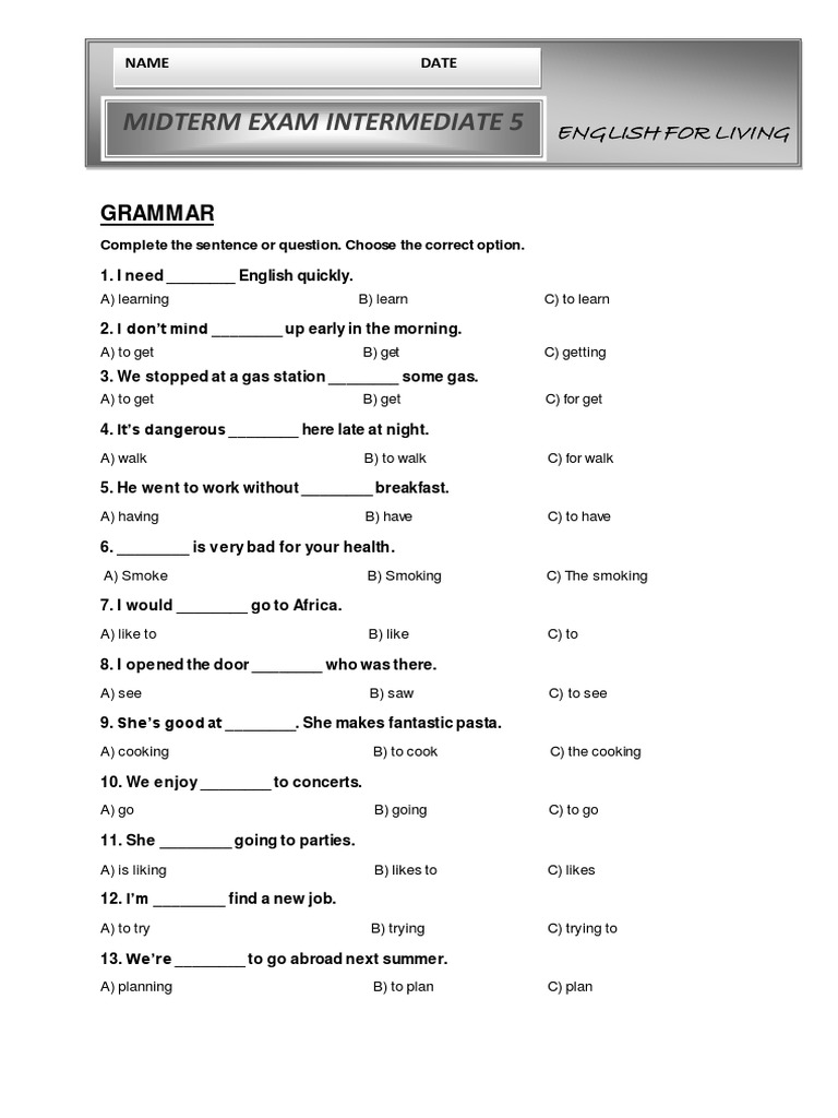 English For Living Midterm Exam Intermediate 5 | PDF | Leisure