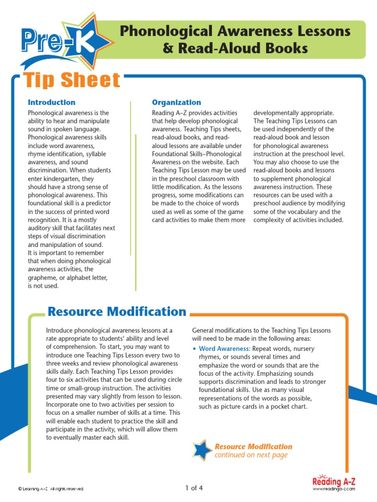 Tip Sheet: Phonological Awareness Lessons & Read-Aloud Books | PDF ...