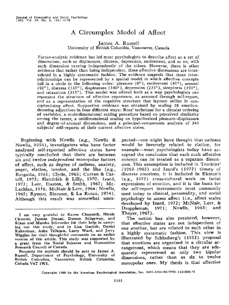 1980 - Russell - A Circumplex Model of Affect PDF | PDF