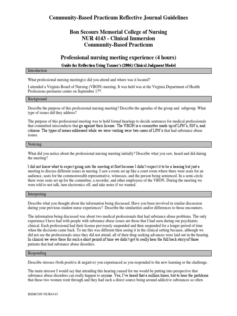Guide For Reflection Using Tanner's (2006) Clinical Judgment Model ...