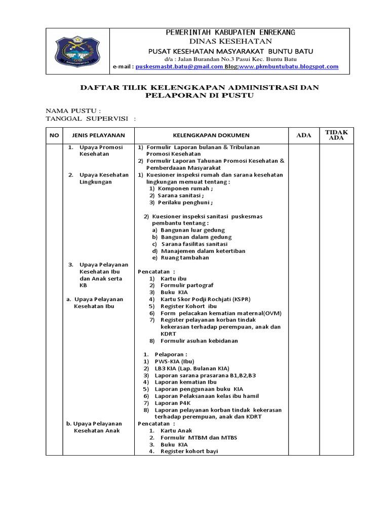 Daftar Tilik Kelengkapan Administrasi Dan Pelaporan Di Pustu | PDF