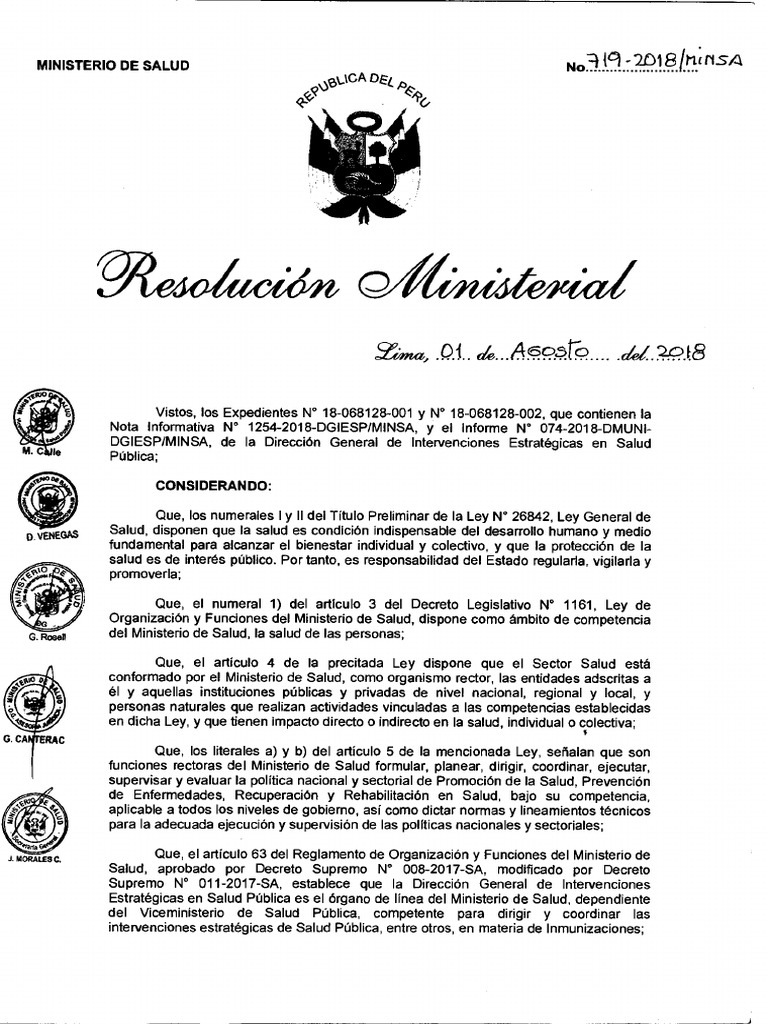 RM 719-2018-MINSA Resuelve Aprobar La NTS 141-MINSA-DGIESP Esquema Nacional de Vacunación PDF | PDF