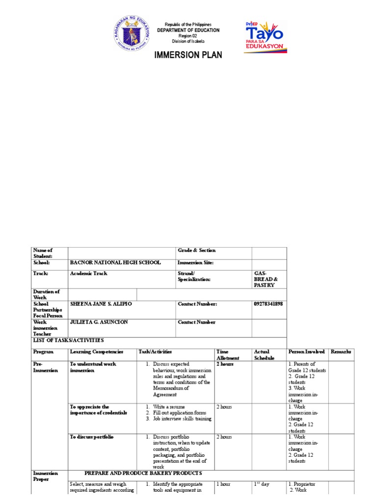 Immersion Plan: Republic of The Philippines Department of Education ...
