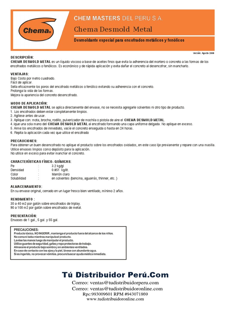Chema Desmold Metal Ficha Tecnica | PDF | Hormigón | Materiales