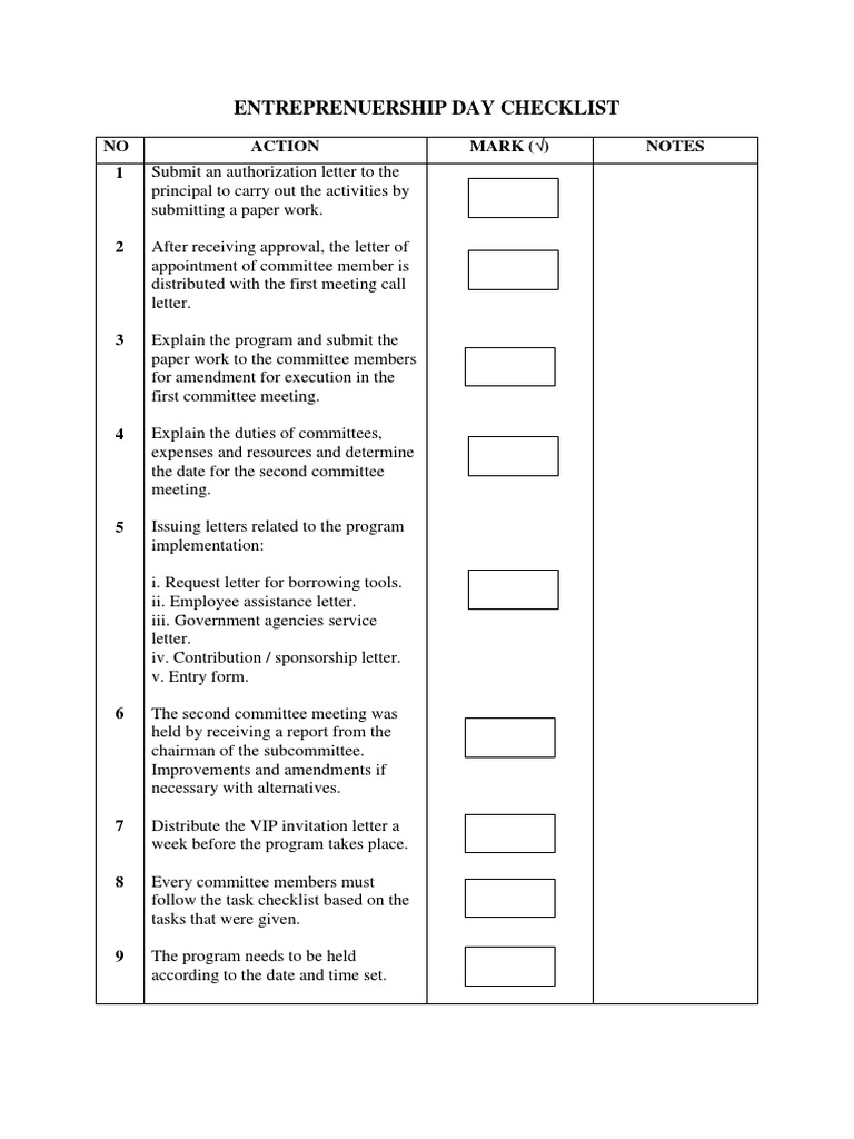 Entrepreneurship Day Checklist | PDF