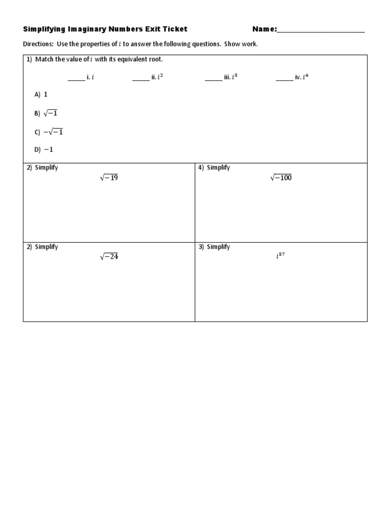 Simplifying Imaginary Numbers Exit Ticket | PDF