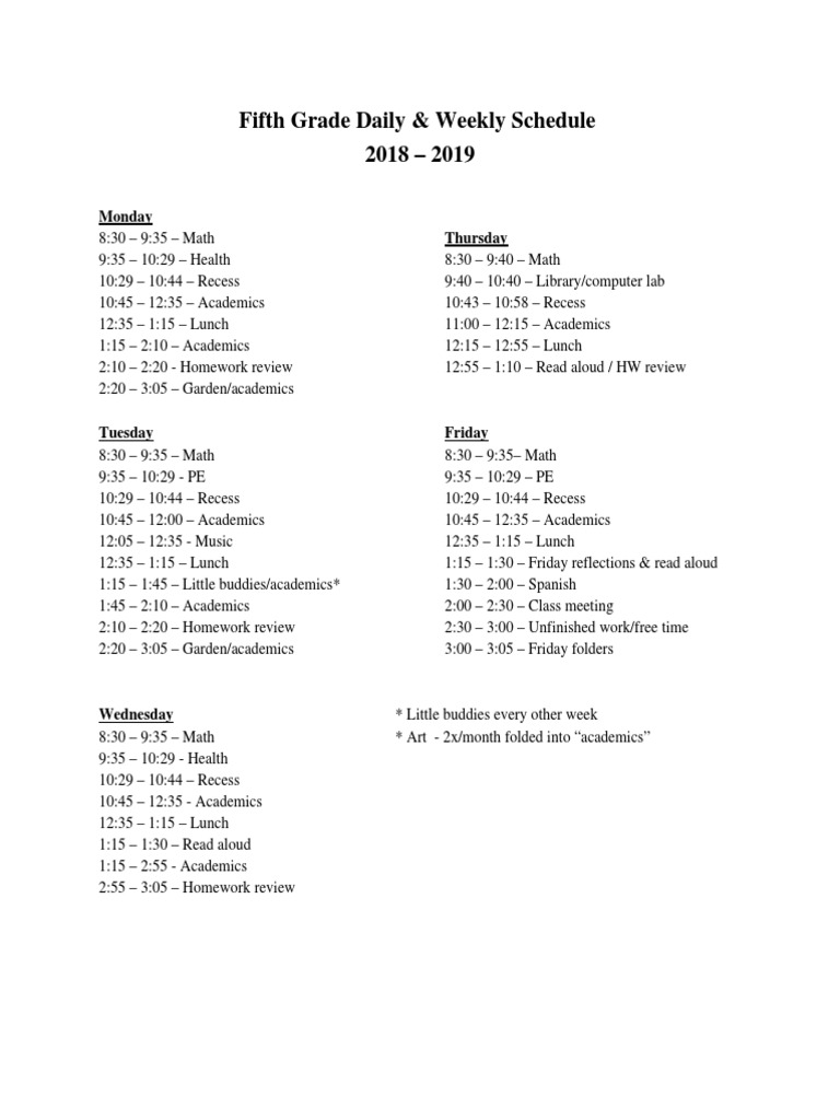 Fifth Grade Daily & Weekly Schedule 2018 - 2019 | PDF