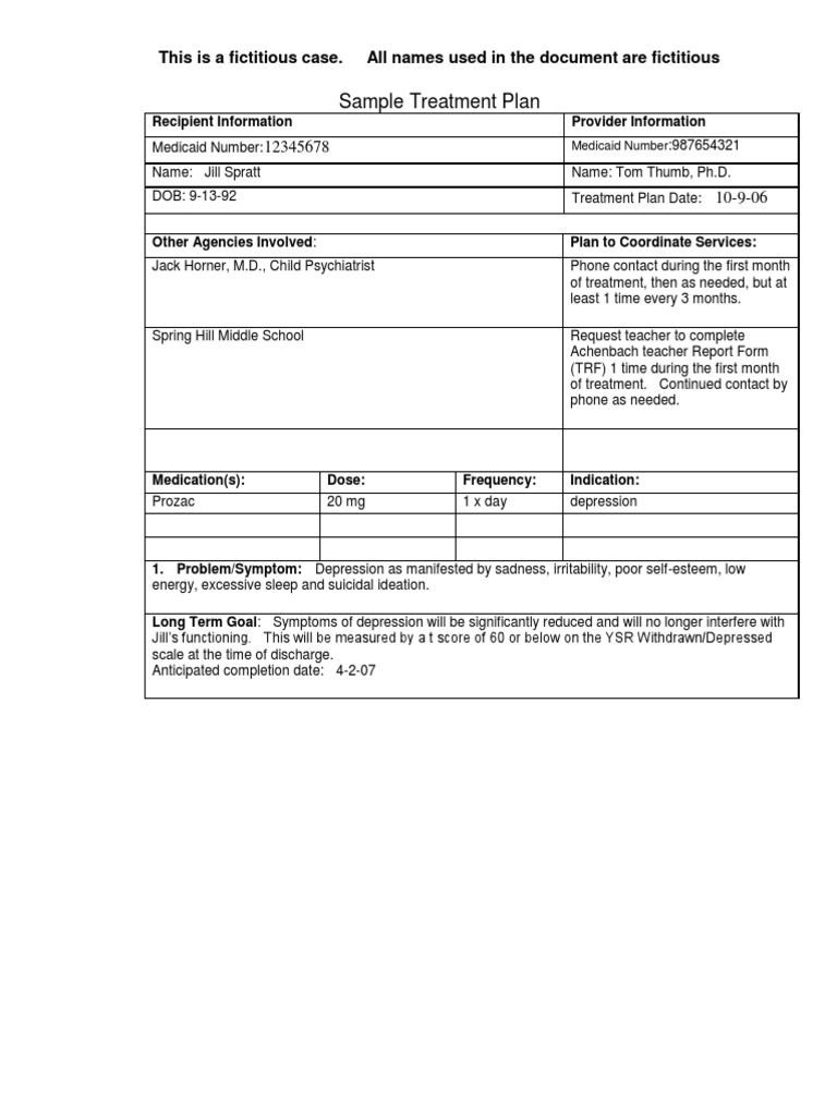 Treatment Plan Example | PDF | Homework | Coping (Psychology)