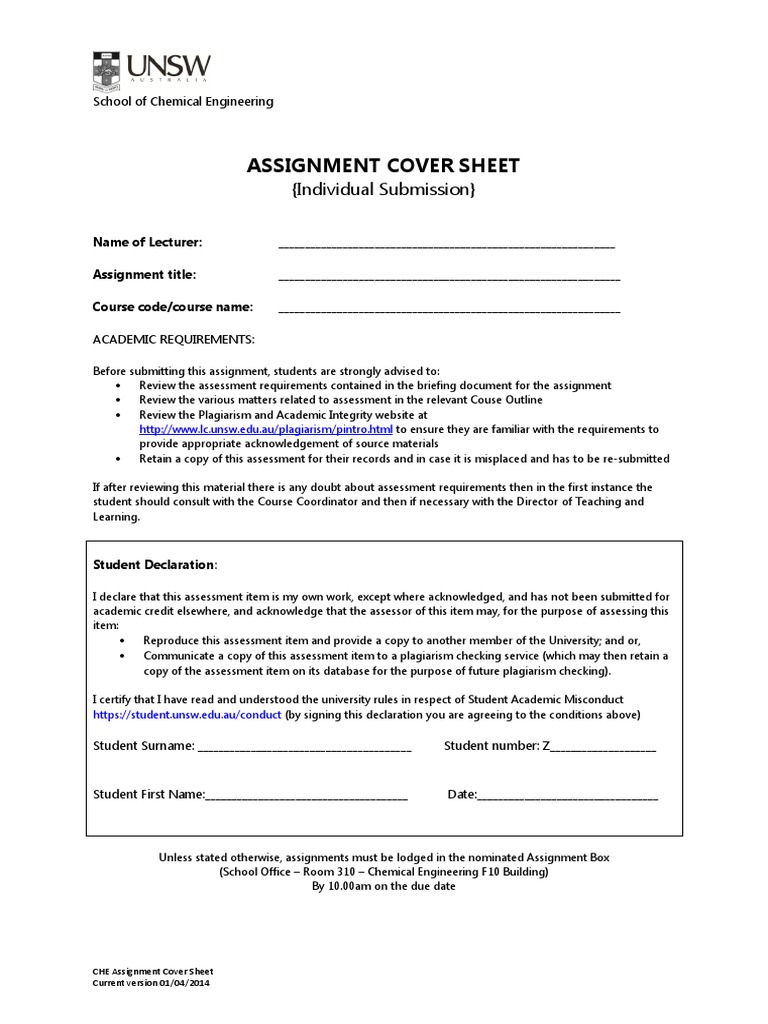 Student Cover Sheet 2014 Chem Eng - v1 - 0 | PDF | Plagiarism ...