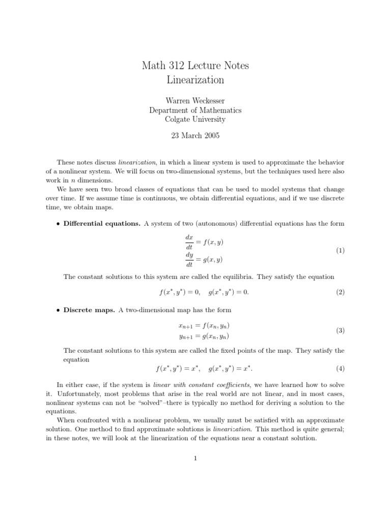 Math 312 Lecture Notes On Linearization 23 March 2005 Pdf
