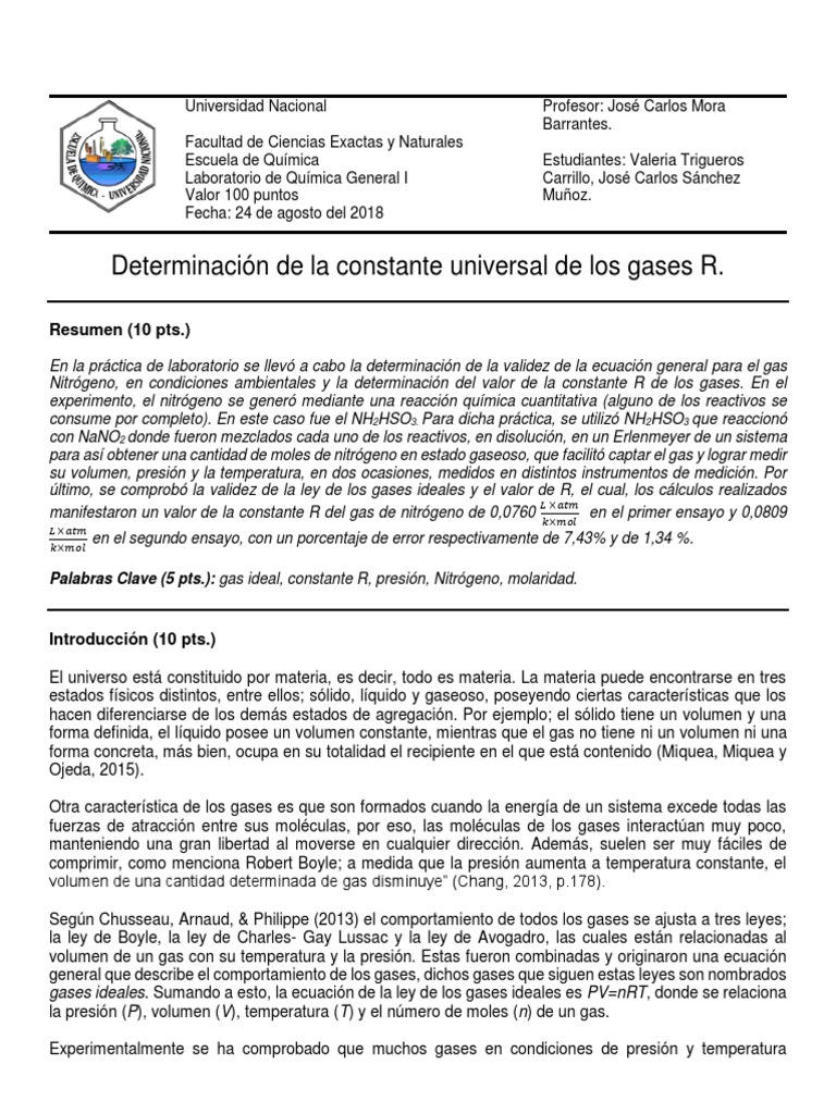Determinación de La Constante Universal de Los Gases R. | PDF | Gases ...