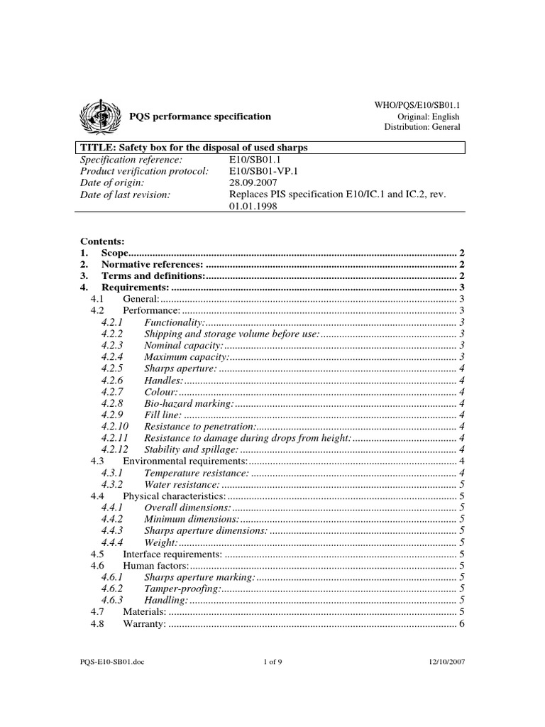 Safety Box for the Disposal of Used Sharps: Detailed Technical ...
