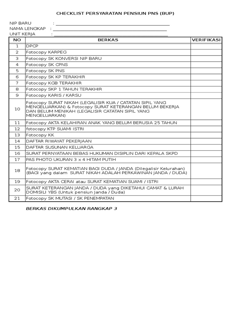 Checklist Persyaratan Pensiun Pns (Bup) - 2018 | PDF