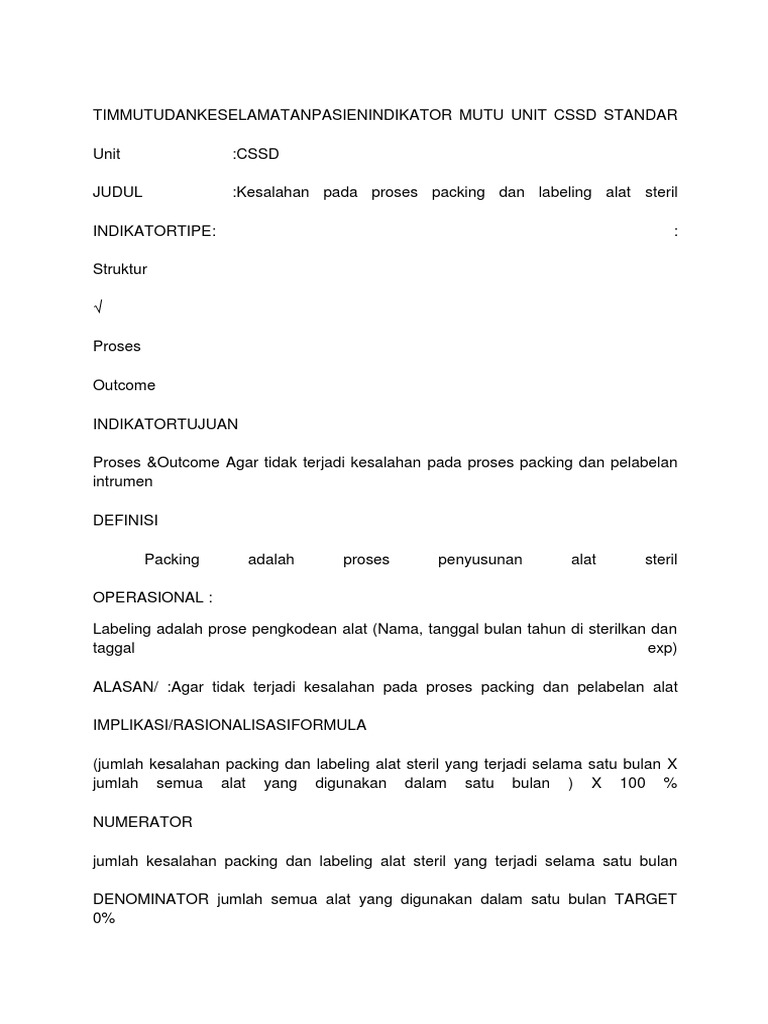 Indikator Mutu CSSD | PDF