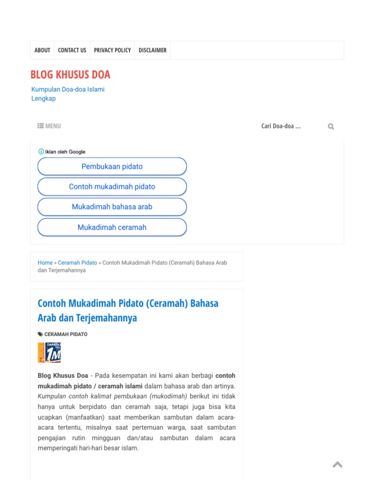 Contoh Mukadimah Pidato (Ceramah) Bahasa Arab Dan Terjemahannya PDF | PDF