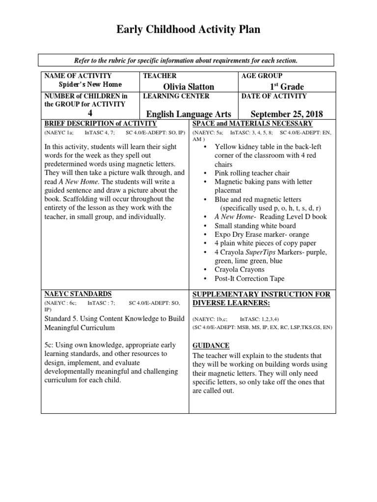 Early Childhood Lesson Plan 1st Grade - Spiders New Home | PDF ...