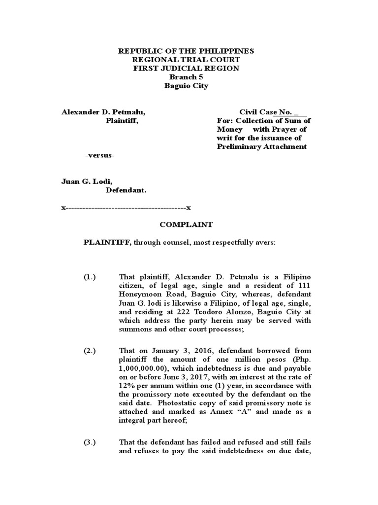 PRACTICUM 1 Sum of Money With Writ of Preliminary Attachment | PDF ...