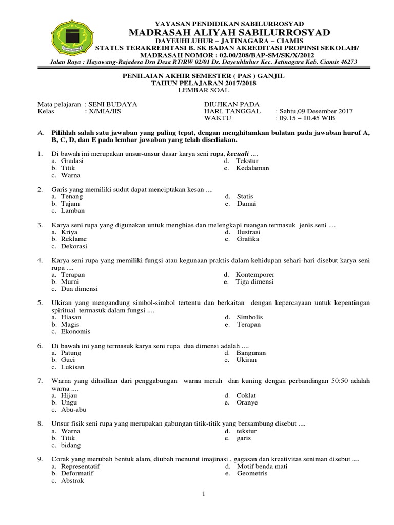 Soal Pas Ganjil SBK X 1718 | PDF