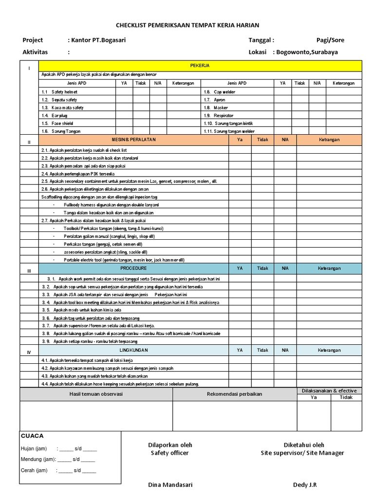 Checklist Daily HSE Inpection | PDF