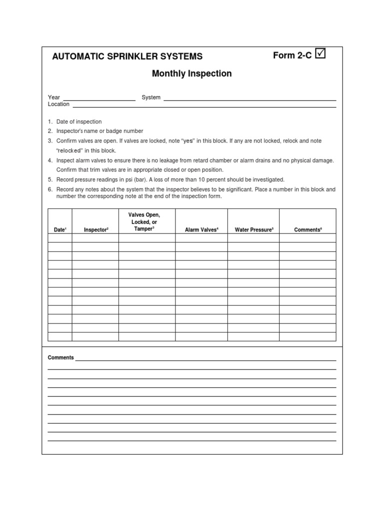 Automatic Sprinkler Systems Form 2-C Monthly Inspection: Year System ...