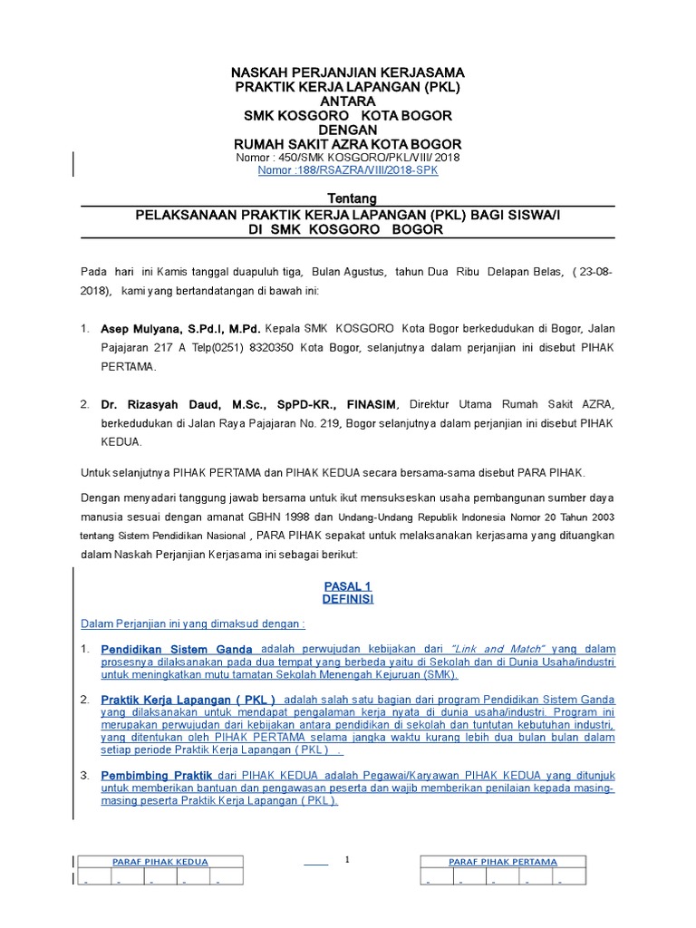 Mou-Pkl SMK Kosgoro Dengan Rs. Azra Bogor 2018 | PDF