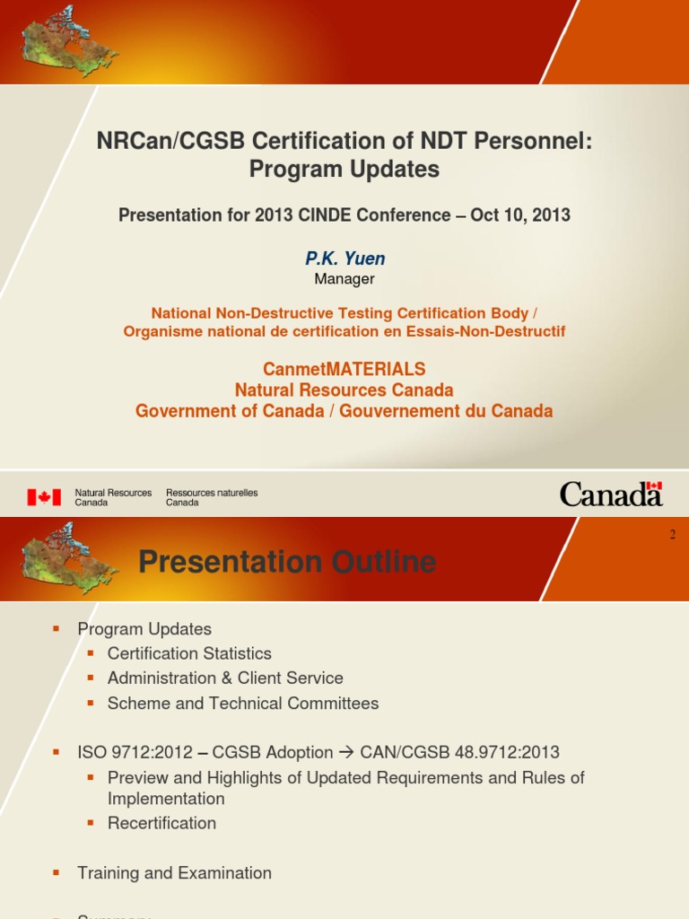 Nrcan/Cgsb Certification of NDT Personnel: Program Updates ...