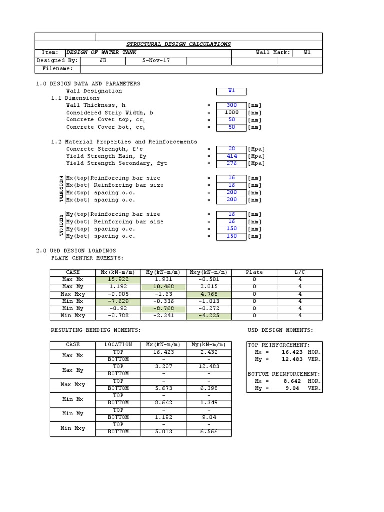 Design of Water Tank Structural Design Calculations | PDF