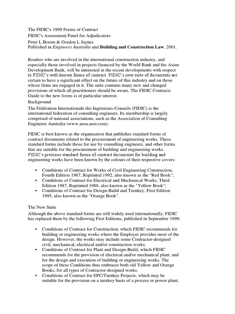 The FIDIC 1999 Forms of Contract | PDF | General Contractor | Adjudication