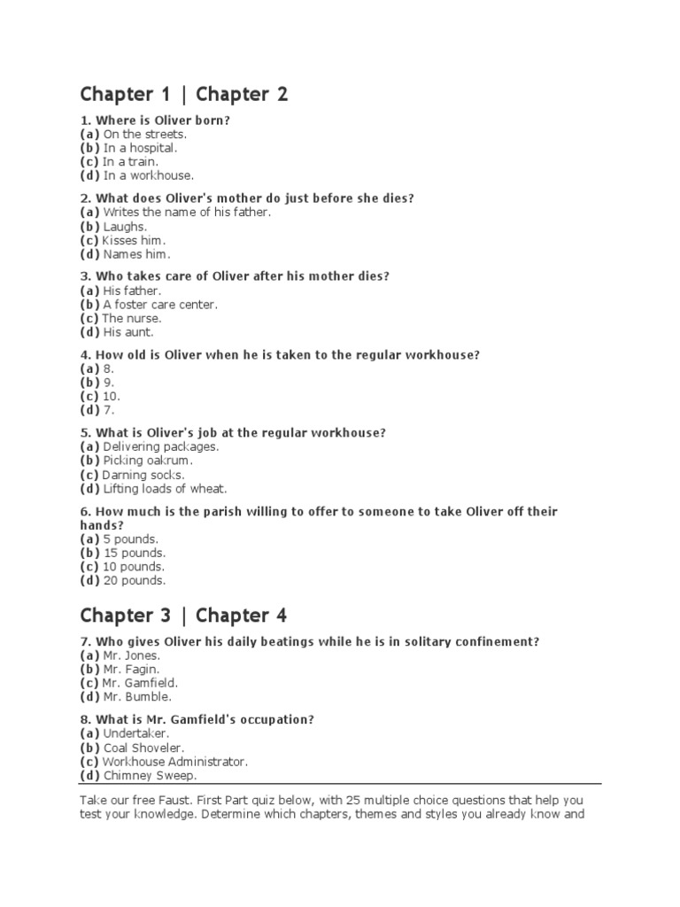 Oliver Twist Quiz Chapters 1-4 | PDF | Oliver Twist