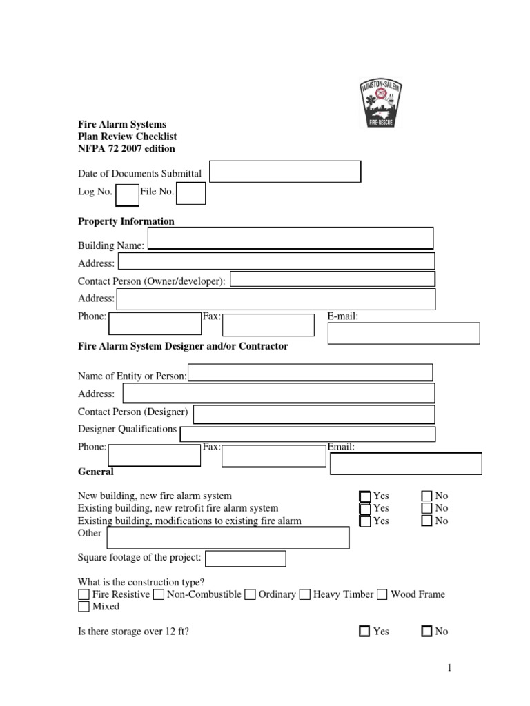Fire Alarm Systems Plan Review Checklist NFPA 72 2007 Edition | PDF ...