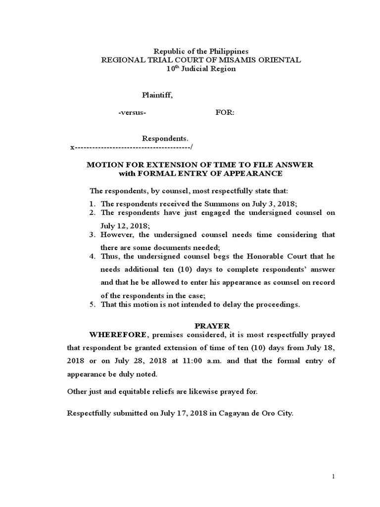 Motion To File Extension With Entry of Appearance | PDF