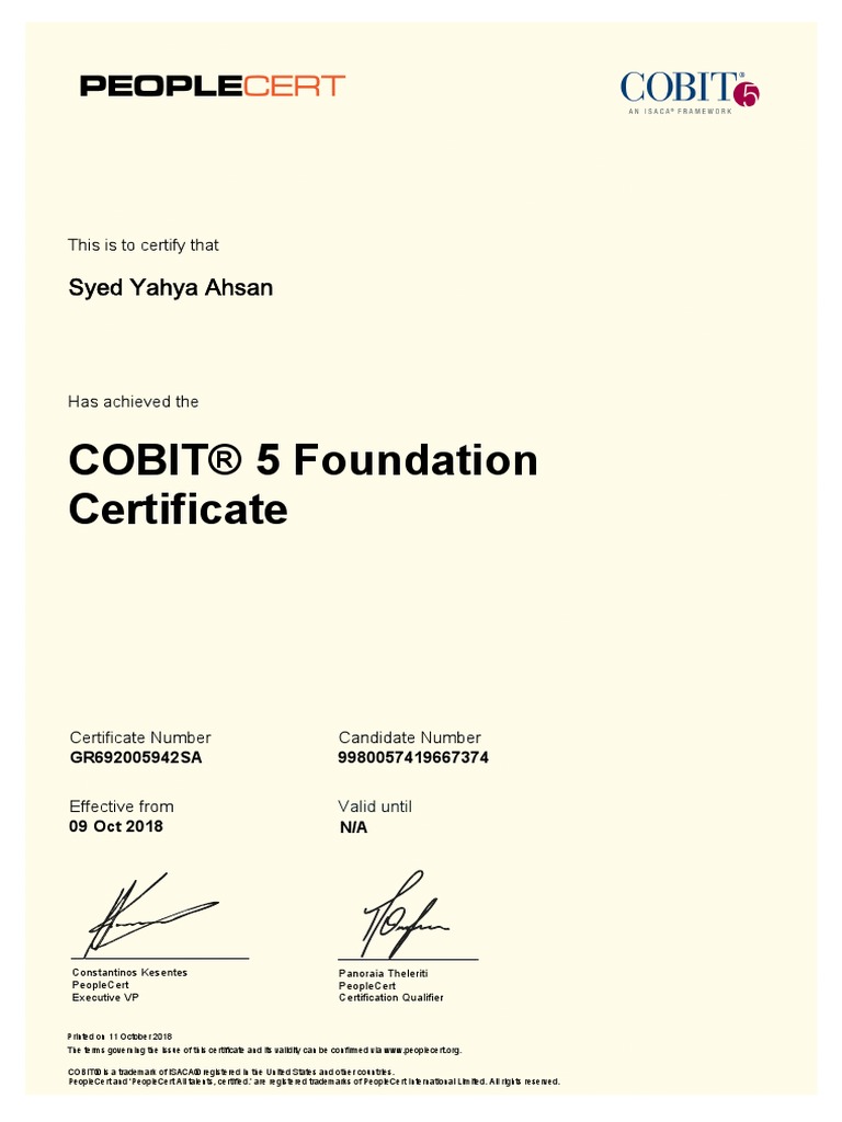 COBIT® 5 Foundation Certificate: Syed Yahya Ahsan | PDF