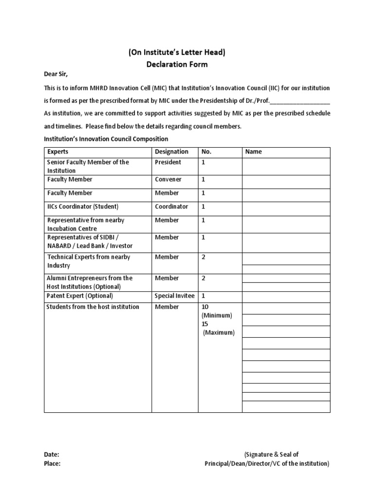 (On Institute's Letter Head) Declaration Form | PDF