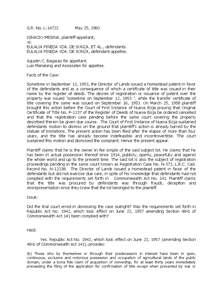 Mesina Vs Sonza Case Digest | PDF | Adverse Possession | Common Law