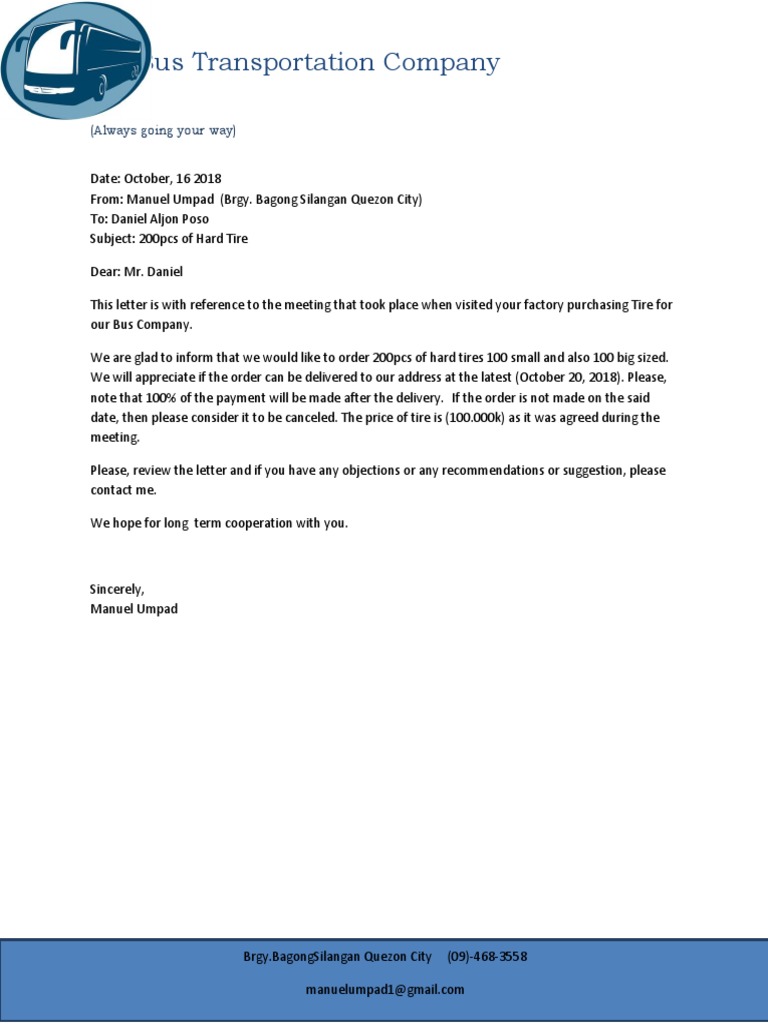Bus Company Tire Order Request | PDF